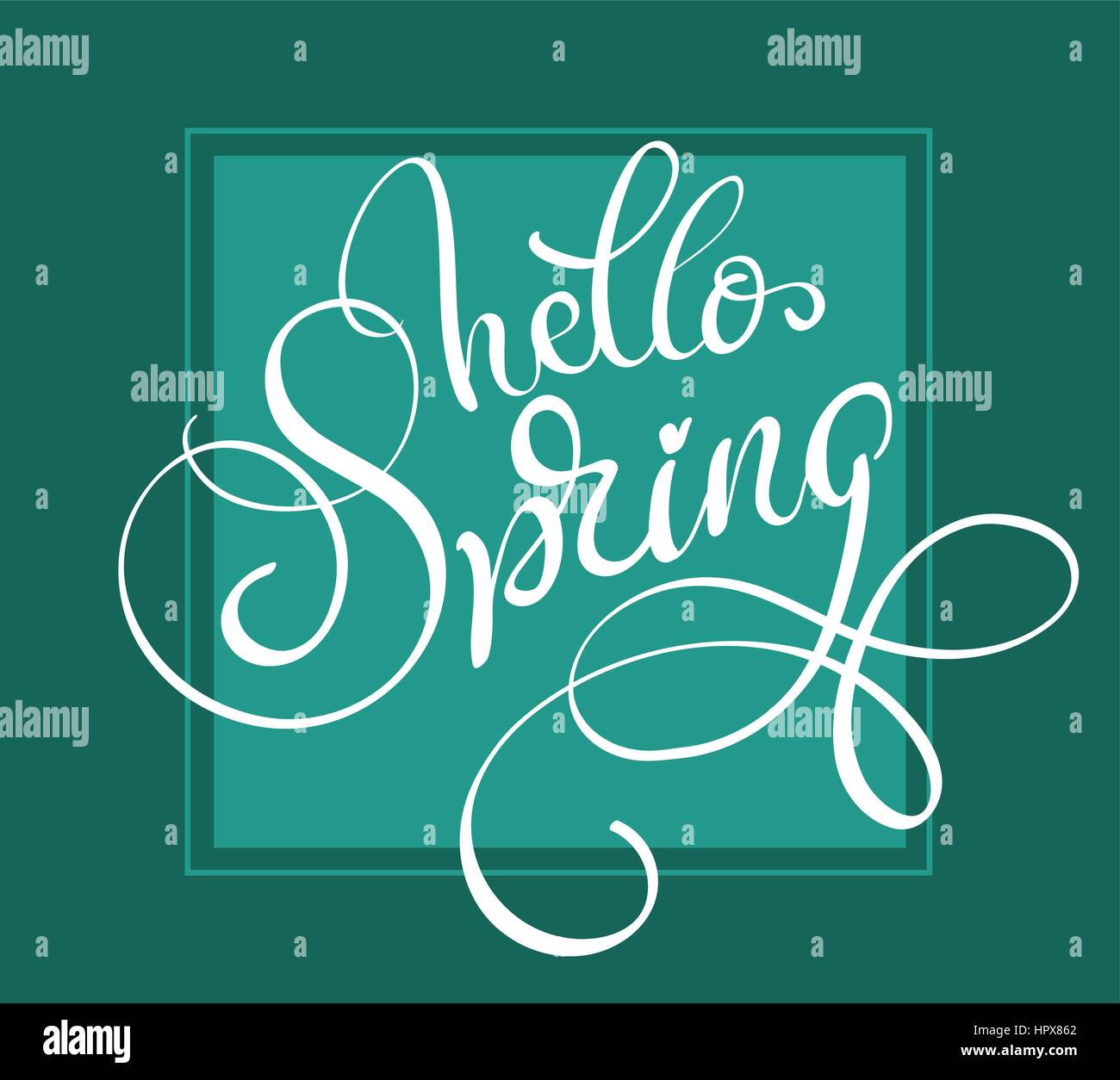 Hello Spring words on green background frame. Calligraphy lettering ...