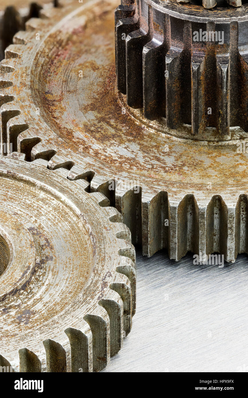 old rusty weathered cogwheels for industrial machinery macro view Stock ...