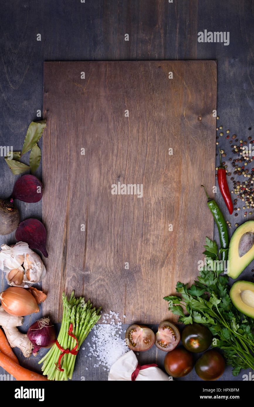 Healthy food background on wooden board. Vegetable menu. Top view, copy ...