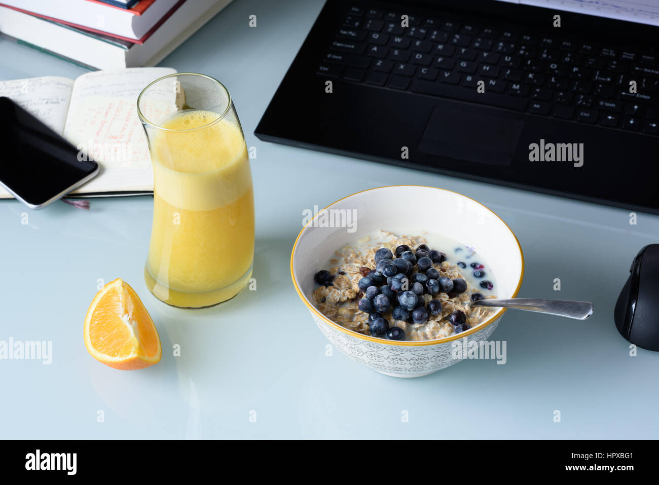 Morning, breakfast, laptop and office supplies on office desk Stock ...