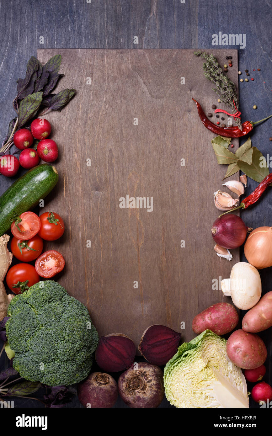 Healthy food background on wooden board. Vegetable menu. Top view, copy ...