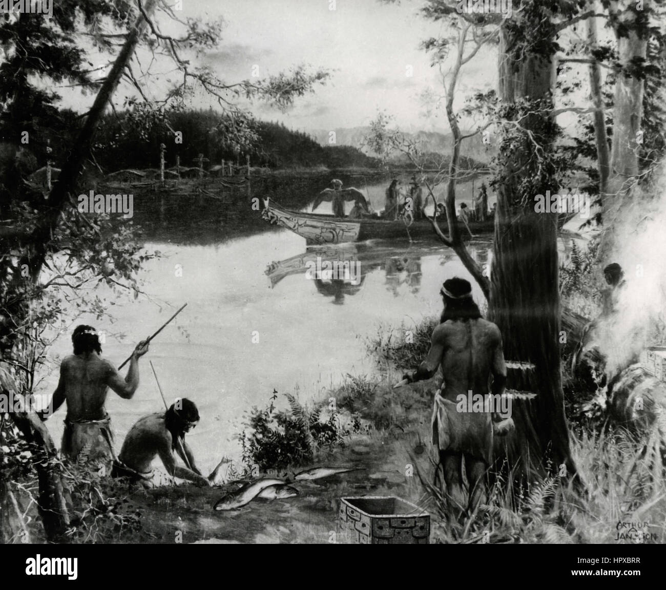 Native American Indian along the river, painting by Arthur Jansson ...