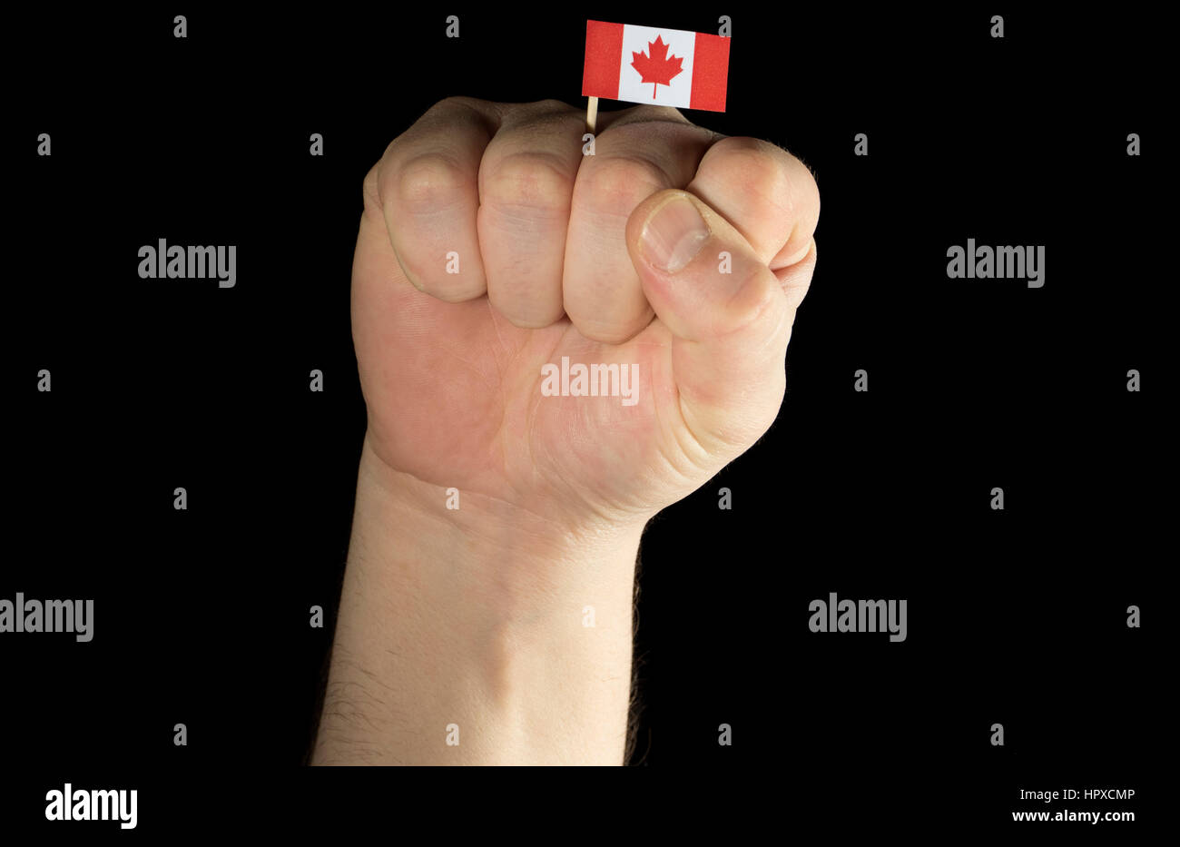 Man hand fist with Canadian flag isolated on black background Stock ...
