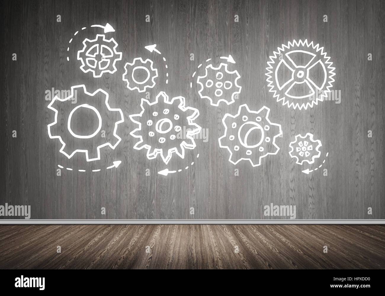 Gear hand drawn mechanism on gray wall Stock Photo - Alamy