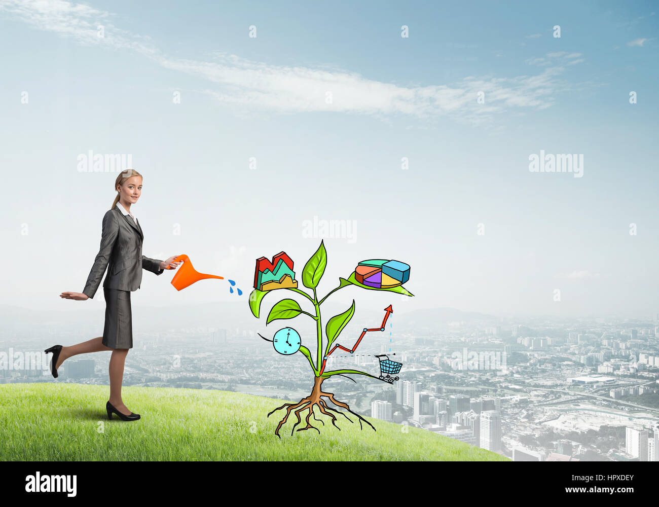 Attractive businesswoman presenting investment and financial growth ...