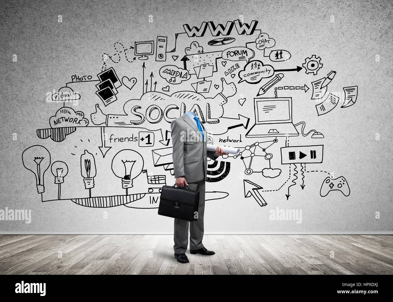 Headless engineer man with papers in hand against sketched background ...