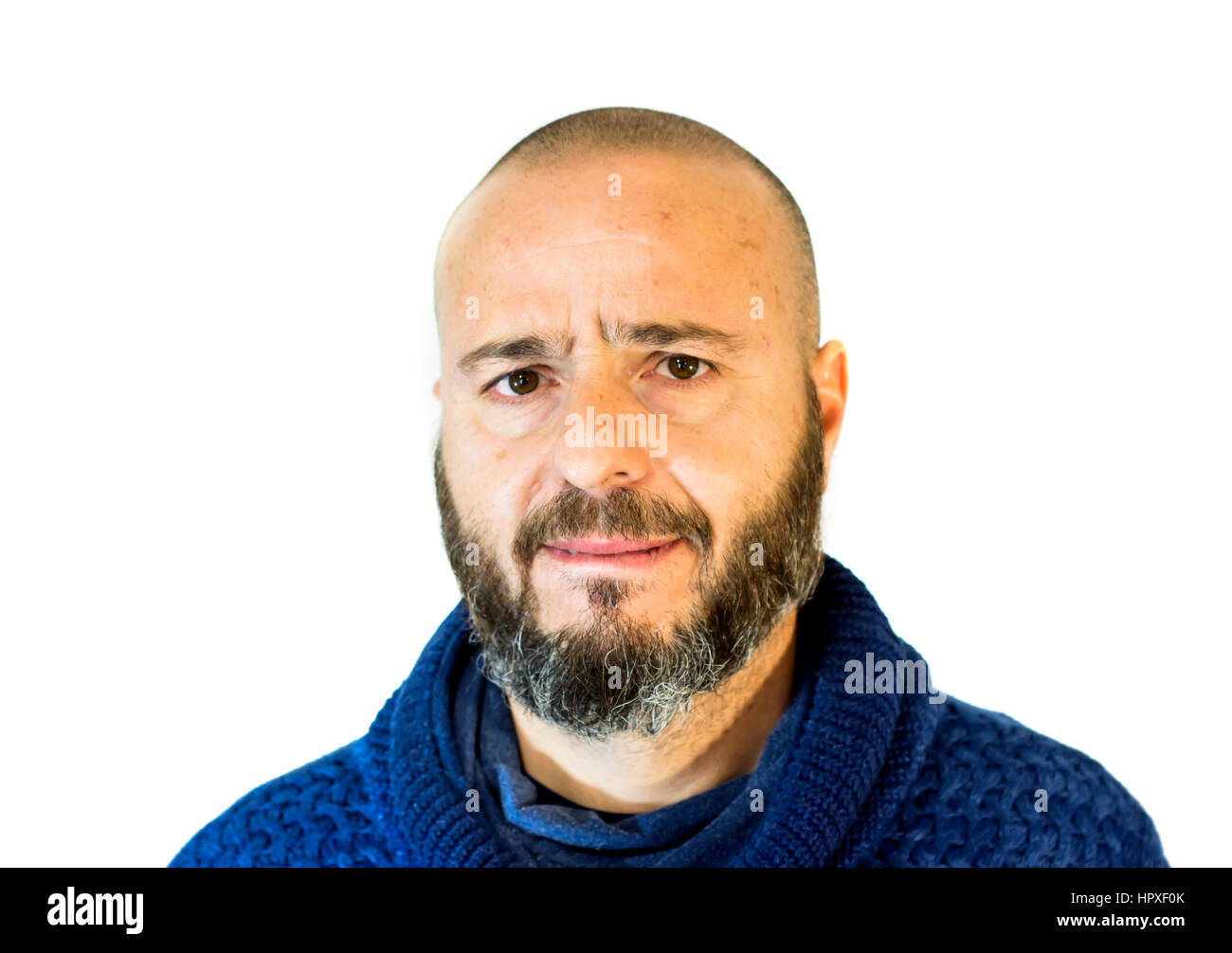 Handsome, bald man with beard on white background Stock Photo - Alamy