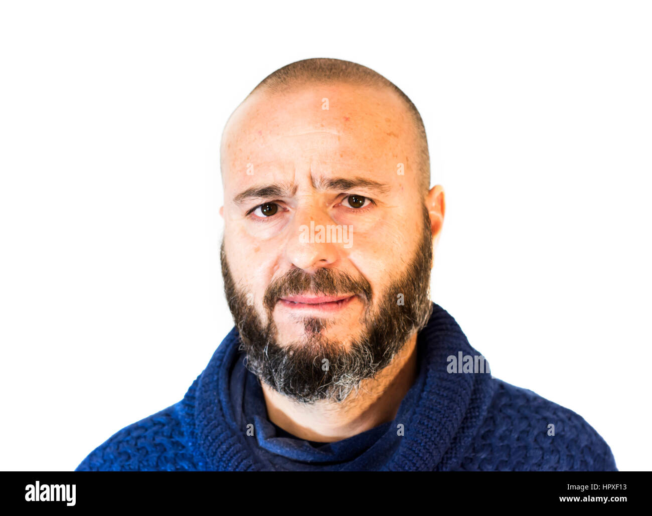 Handsome, bald man with beard on white background Stock Photo - Alamy