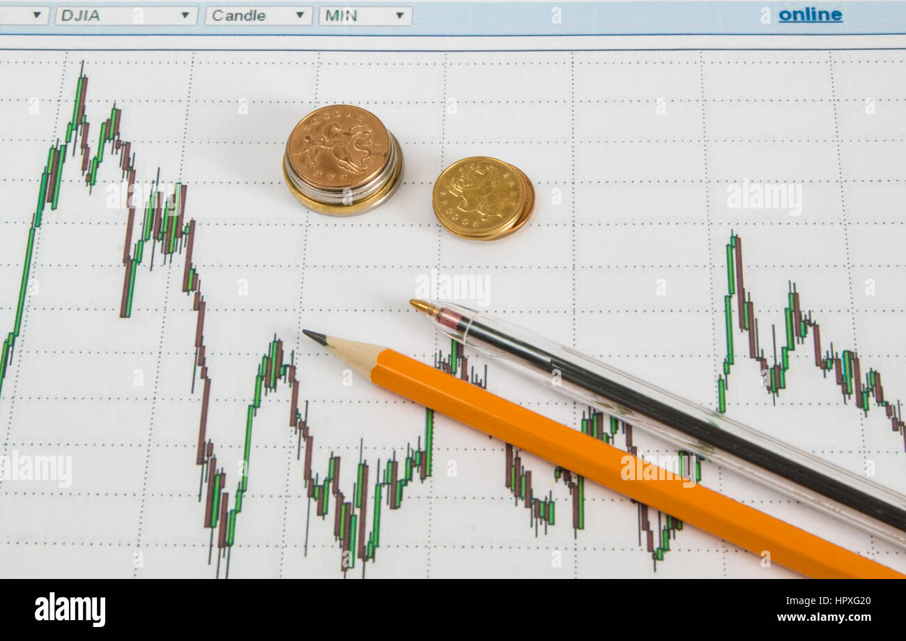 Financial chart on white paper, coins, blue pen, pencil Stock Photo - Alamy