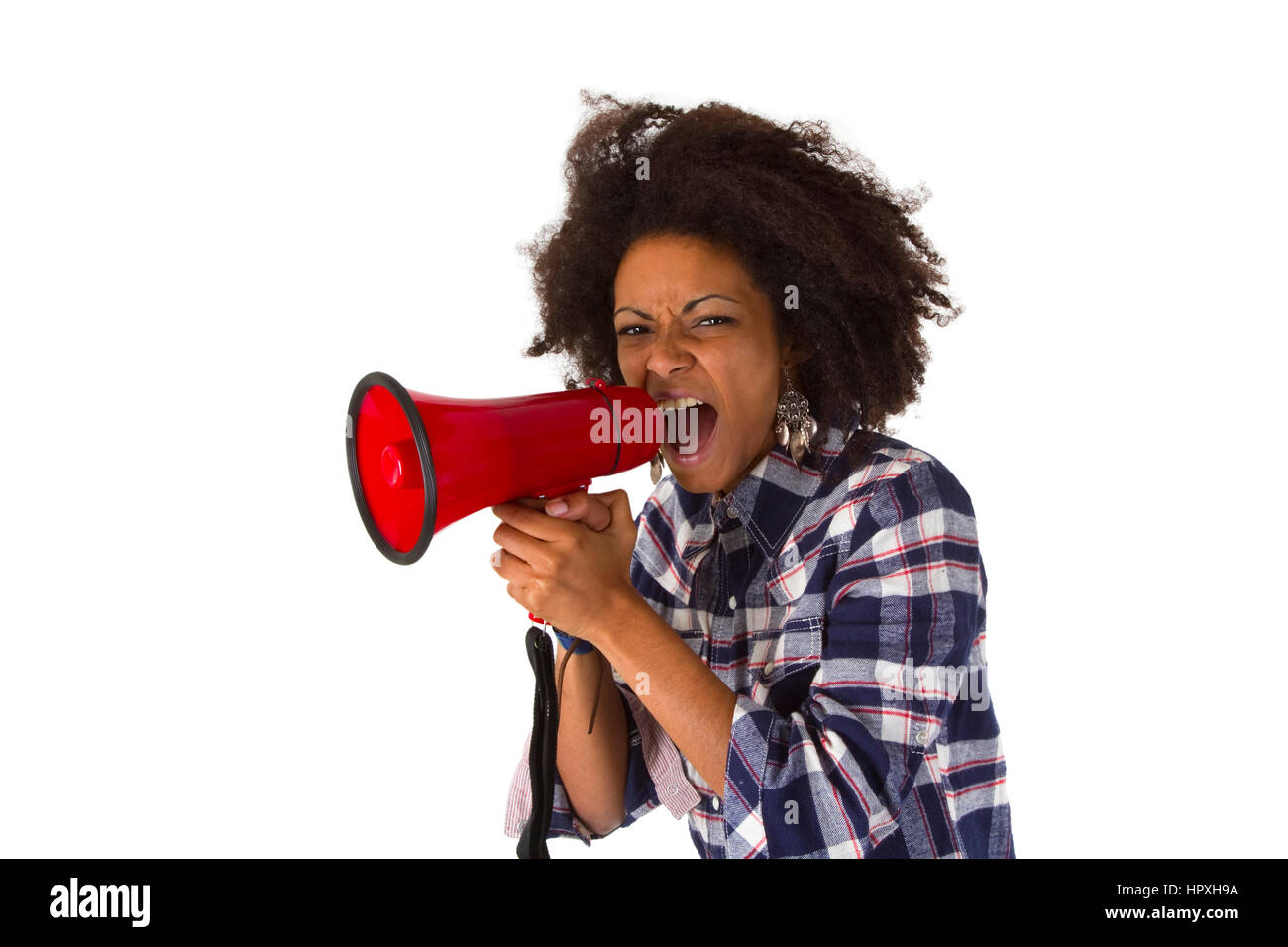 Young african american yelling at her megaphone isolated on white ...