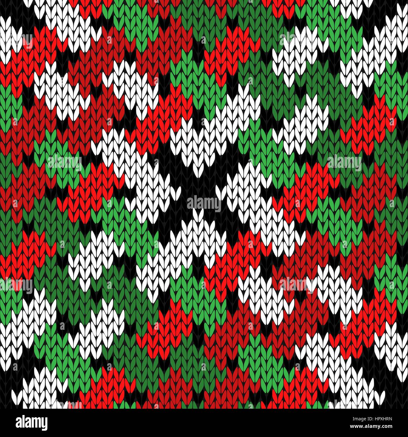 Interlaced knitting seamless vector pattern in green, white, red and ...