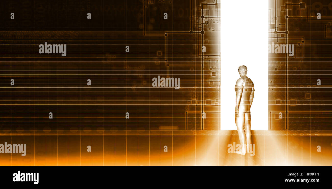 Man Standing In Front of Technology Portal as Background Stock Photo ...