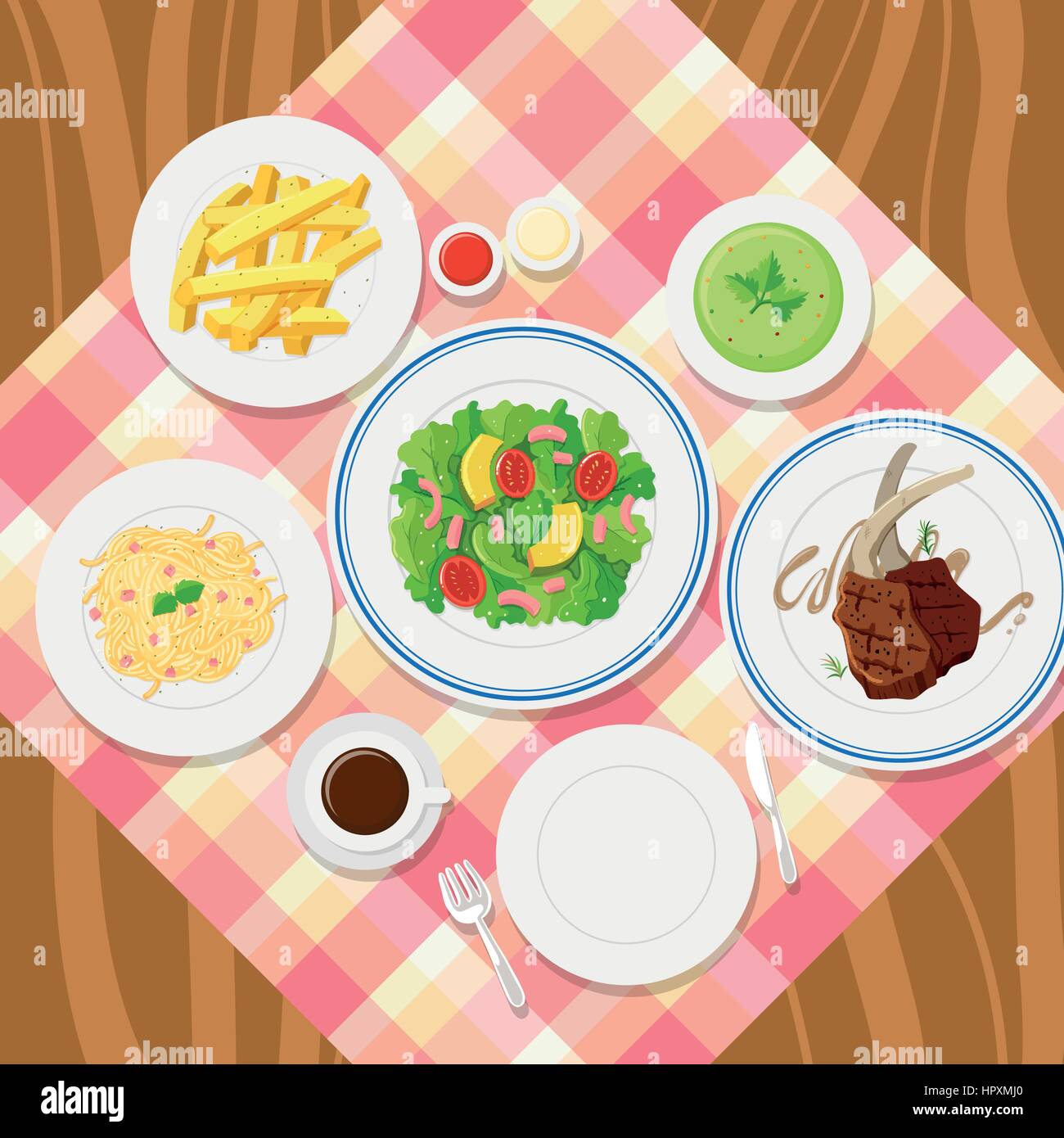 Different plates of food on table illustration Stock Vector Image & Art ...