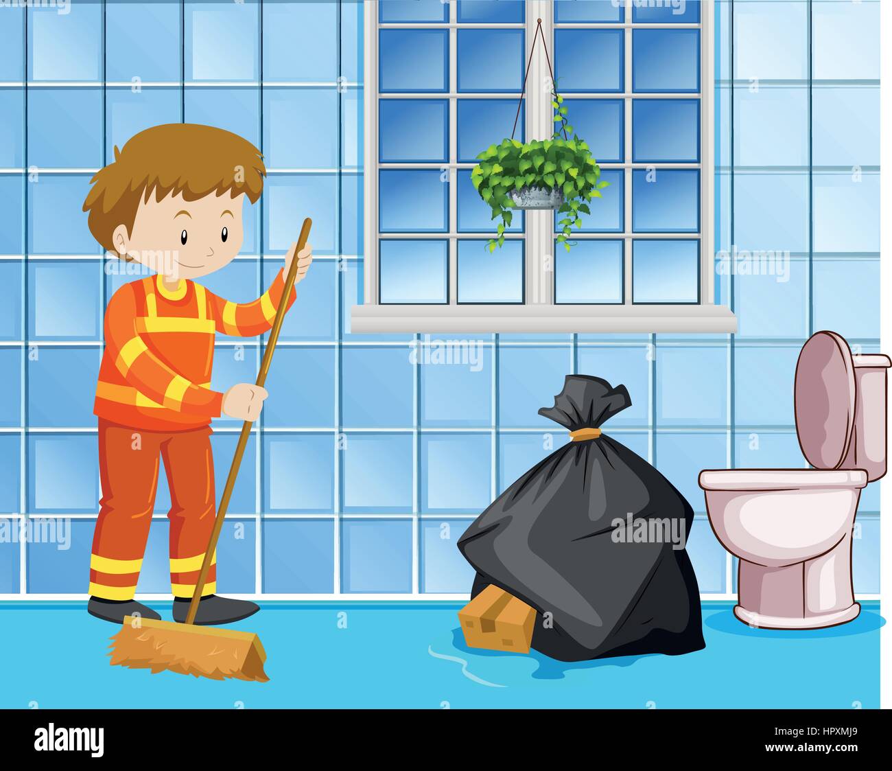 Janitor cleaning wet floor in toilet illustration Stock Vector Image ...