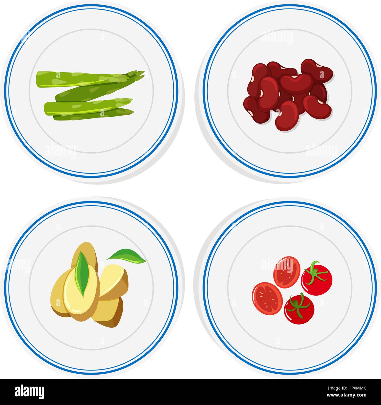 Different vegetables on round plates illustration Stock Vector Image ...