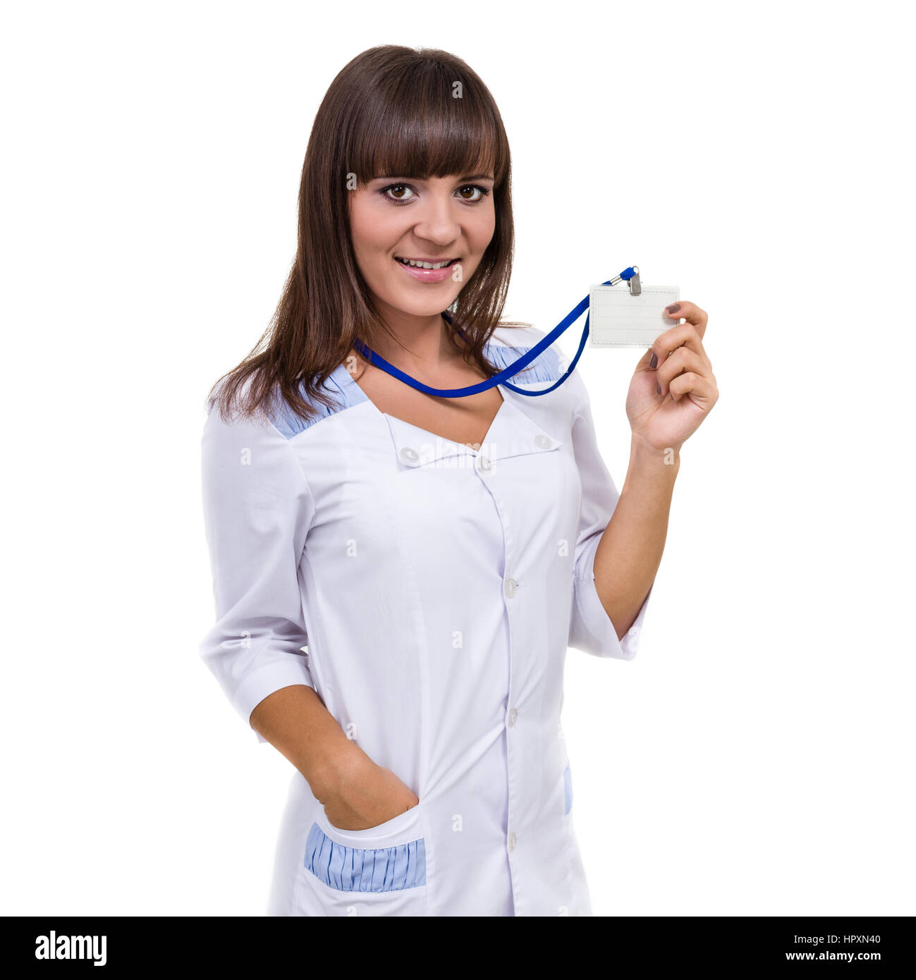 Medical sign. Young woman doctor or nurse with badge. Caucasian female ...