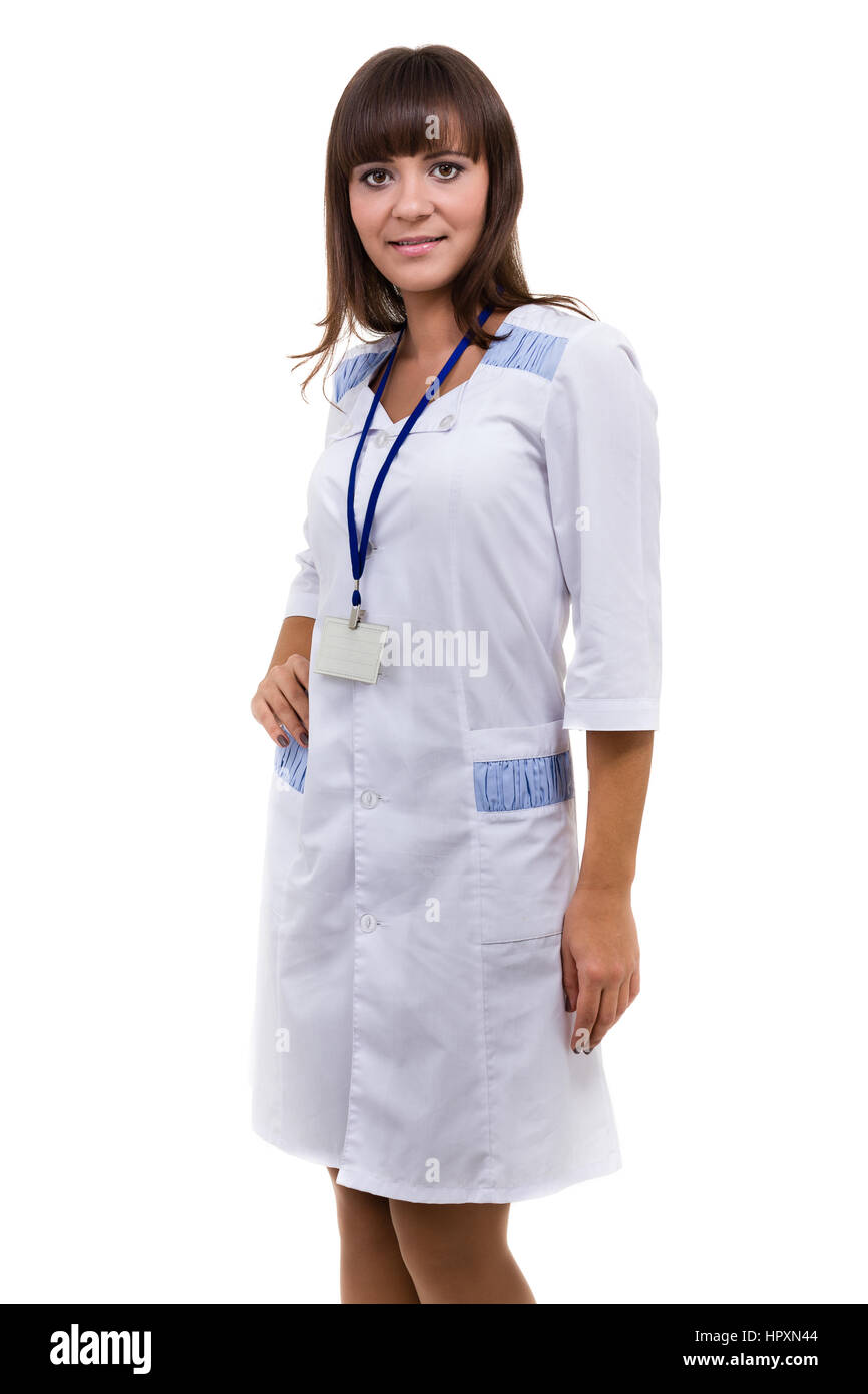 Medical sign. Young woman doctor or nurse with badge. Caucasian female ...