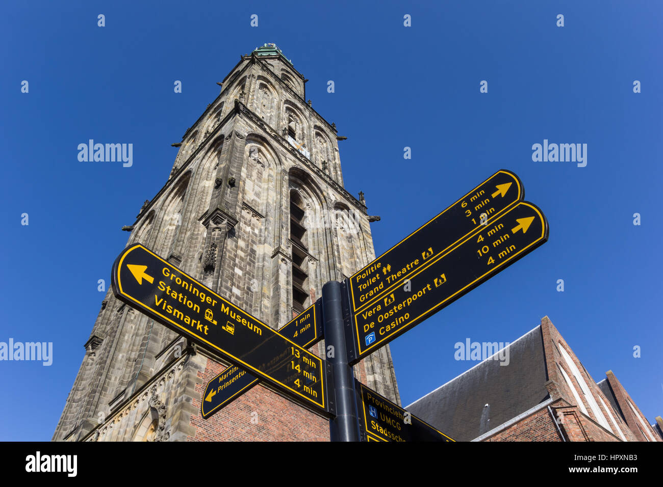 Tourist sign in front of the Martini church in Groningen, Holland Stock ...