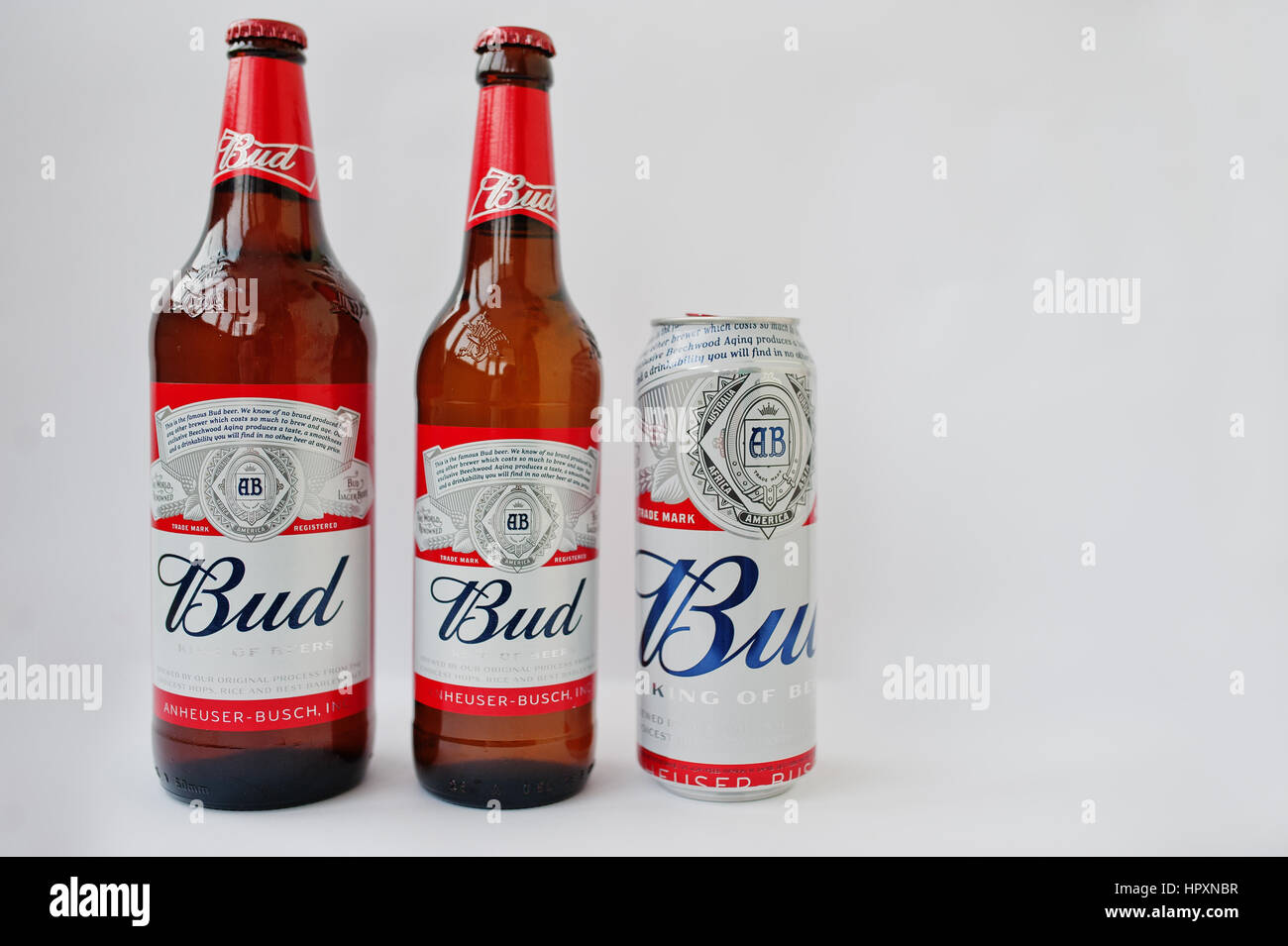 Dusseldorf, Germany - February 18, 2017: Three bottles of beer Bud ...