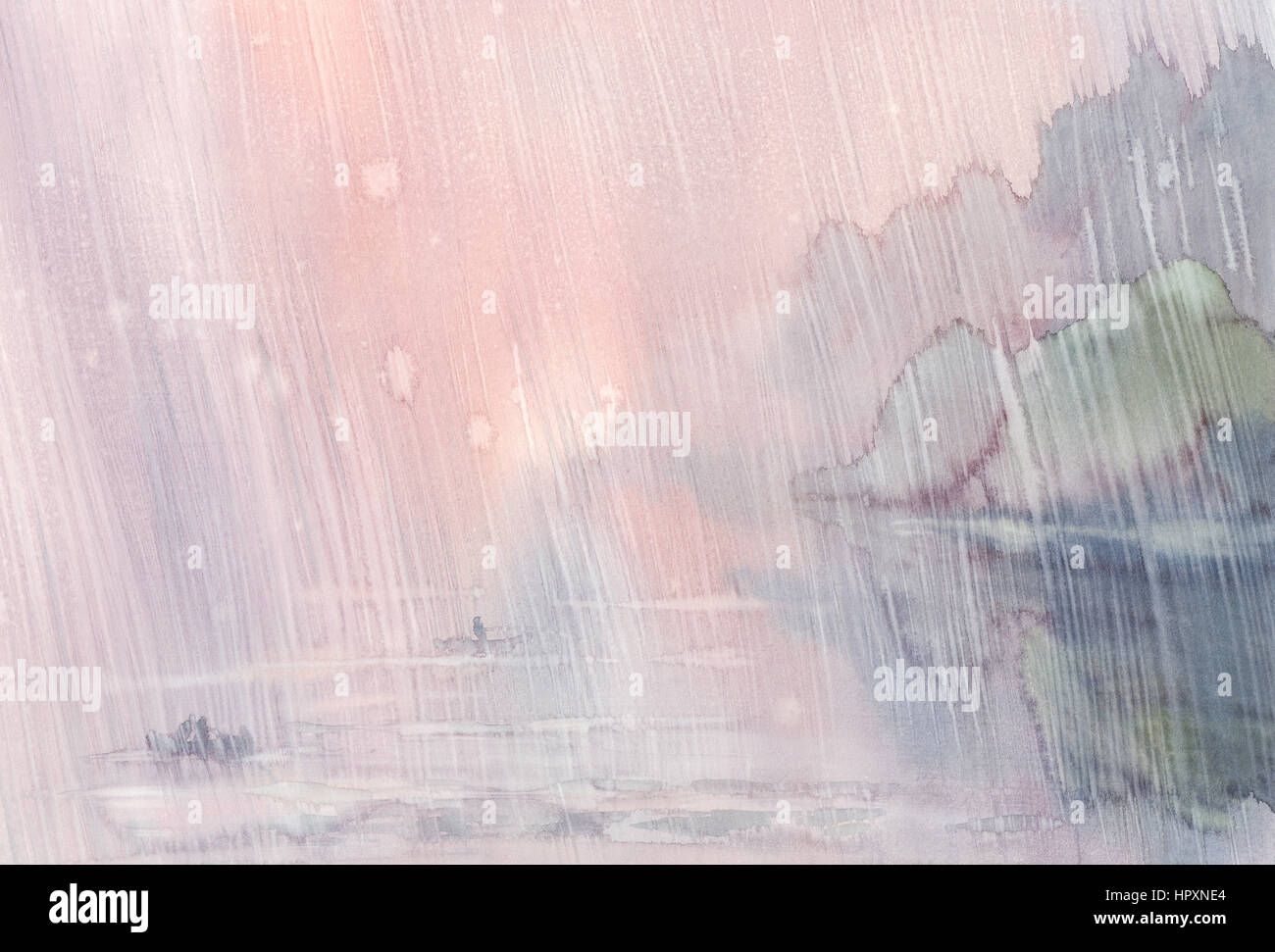 Watercolor hand drawn illustration of morning rain landscape with a ...