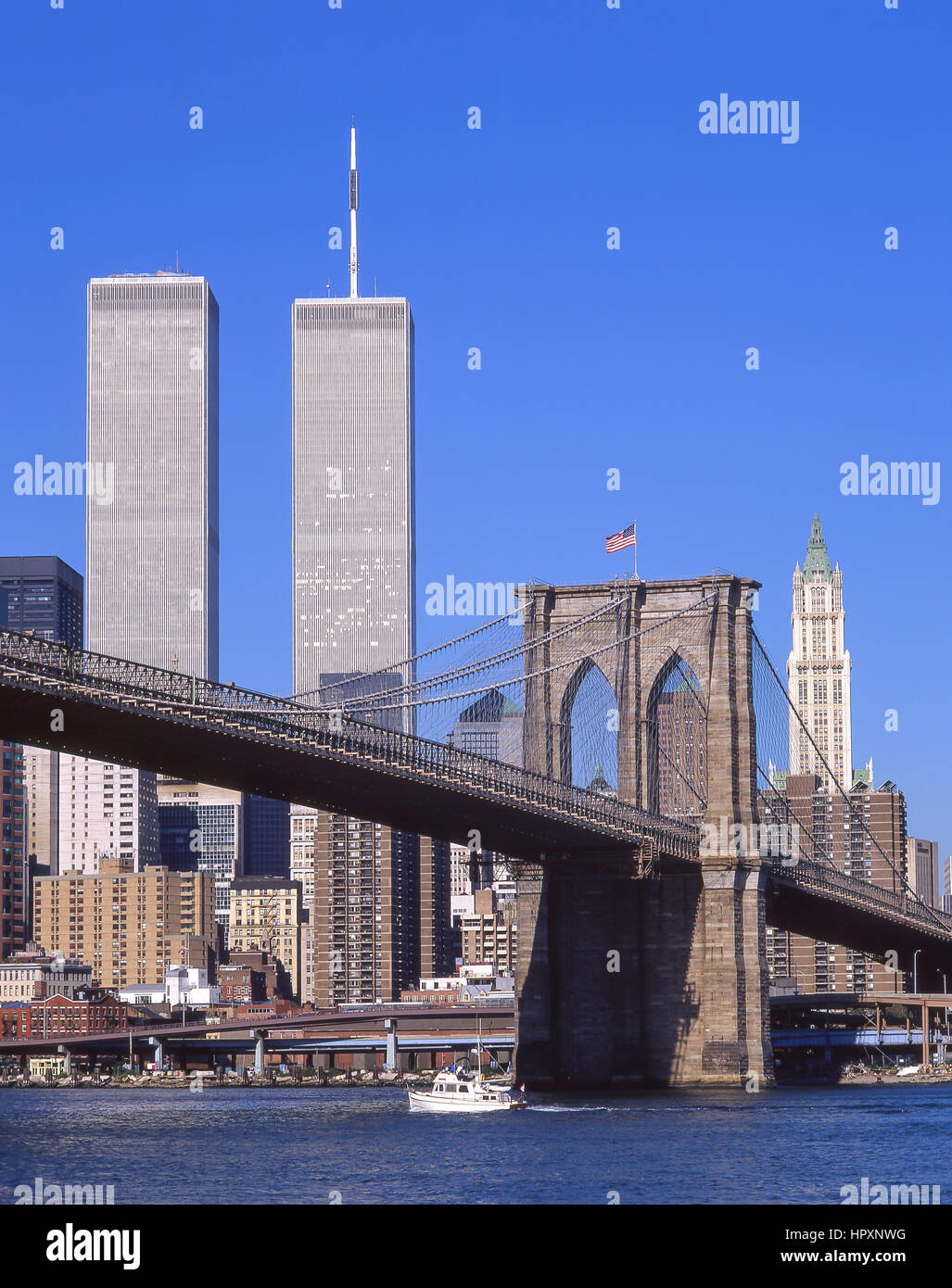 New York Trade Centre (destroyed 2001) and Brooklyn Bridge, Manhattan ...