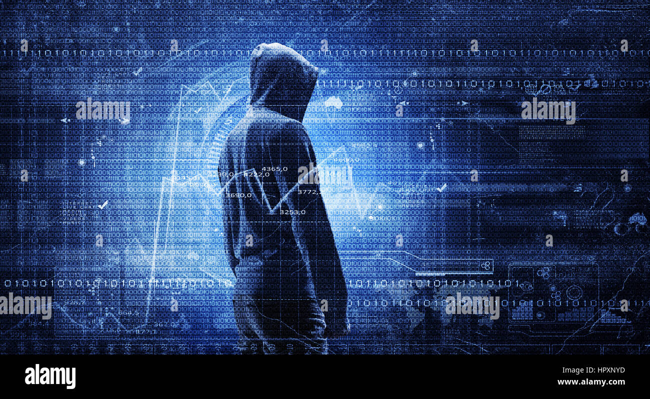 Silhouette of hacker in hoody on digital background Stock Photo - Alamy