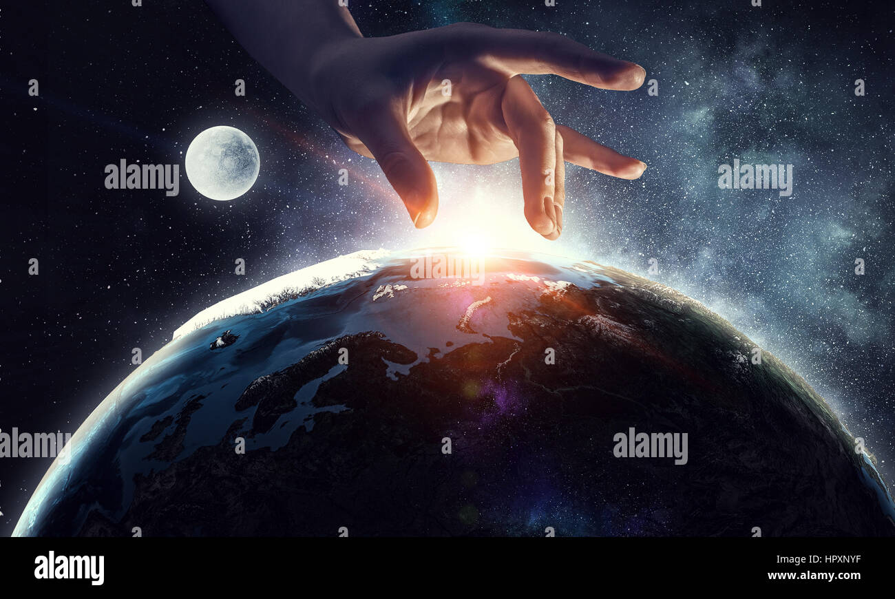 Close of human hand touching with finger Earth planet. Elements of this ...