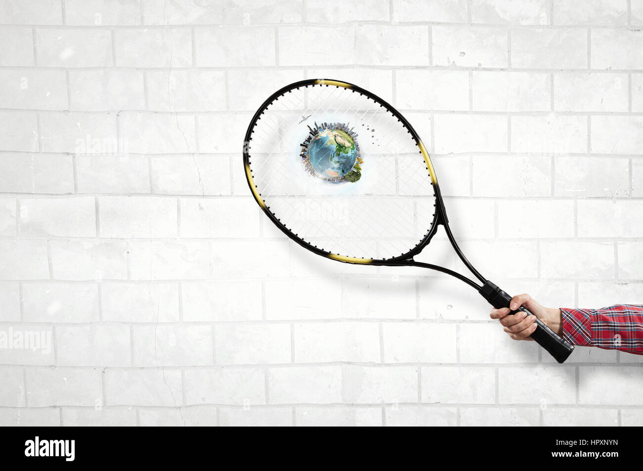 Close up on hand with big tennis racket. Elements of this image are ...