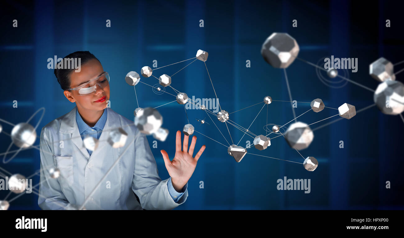 Young attractive woman scientist in laboratory and social connection ...