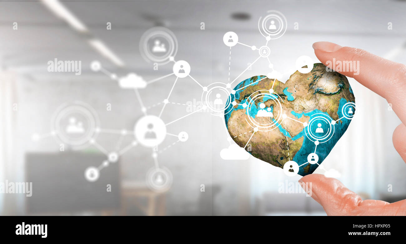 Female hand holding Earth planet presenting connection technologies ...