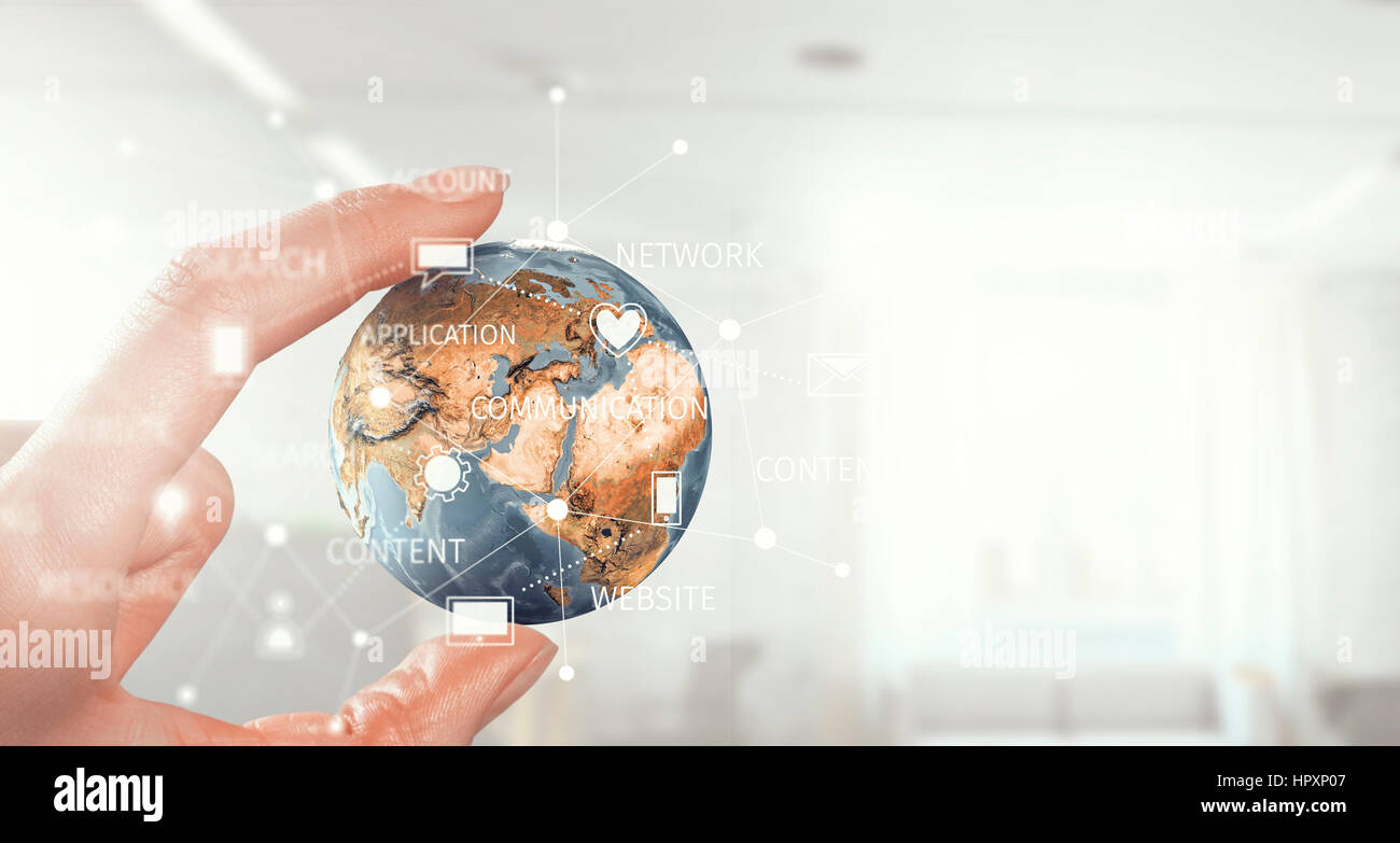 Female hand holding Earth planet presenting connection technologies ...