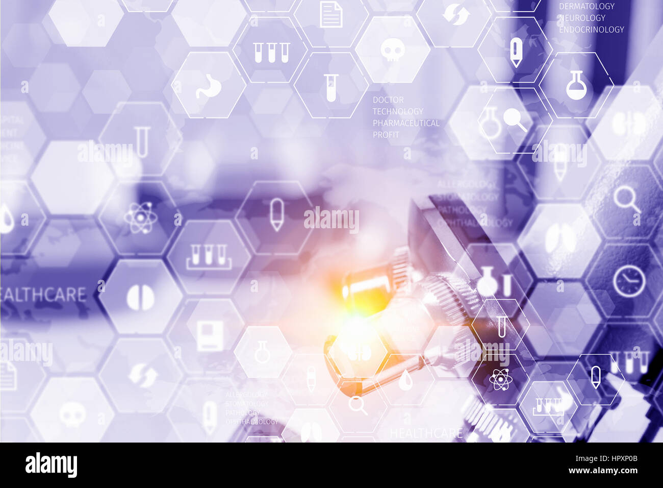 Close of laboratory microscope against media user interface Stock Photo ...