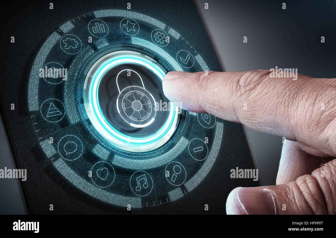 Finger pushing button on digital user display Stock Photo - Alamy