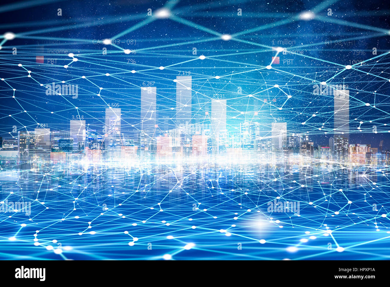 Night city and wireless communication network lines. 3D rendering Stock ...
