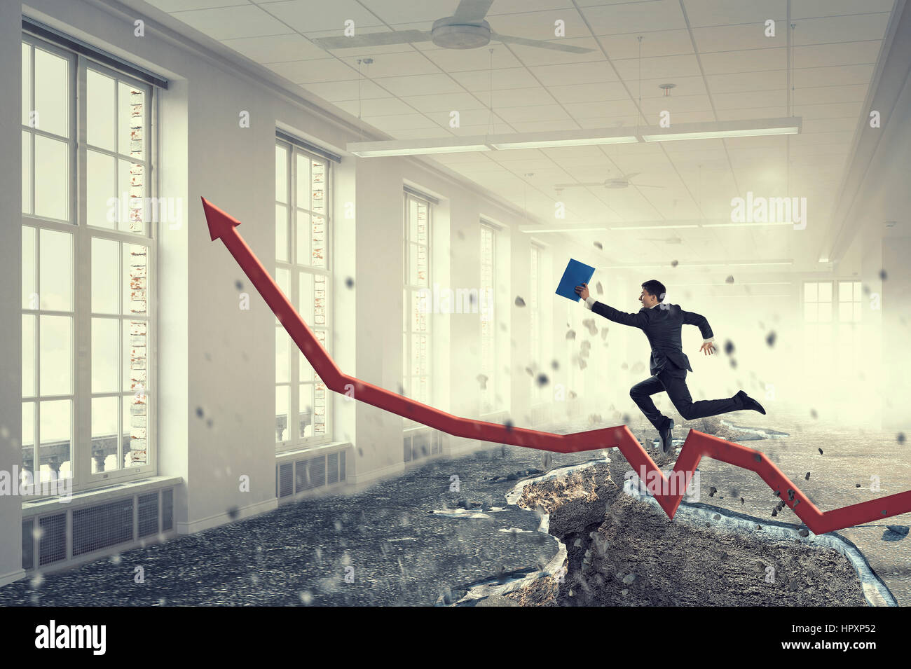 Concept of failure and trouble with businessman jumping over crack in ...