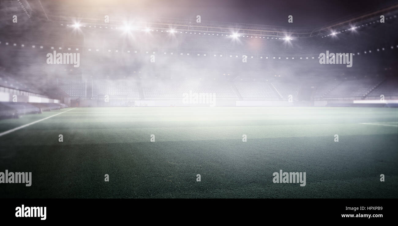 Empty football stadium in fog and spotlights. Mixed media Stock Photo ...