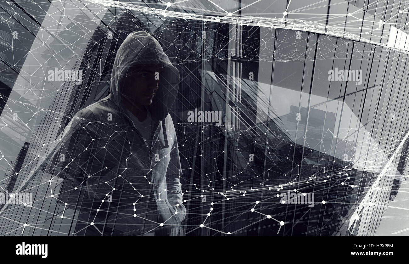 Silhouette of hacker in hoody on digital background. 3D rendering Stock ...