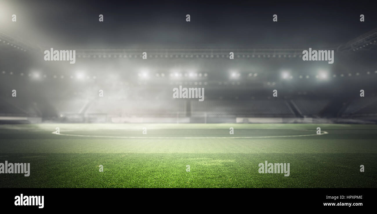 The green grass field of football field in the fog hi-res stock ...