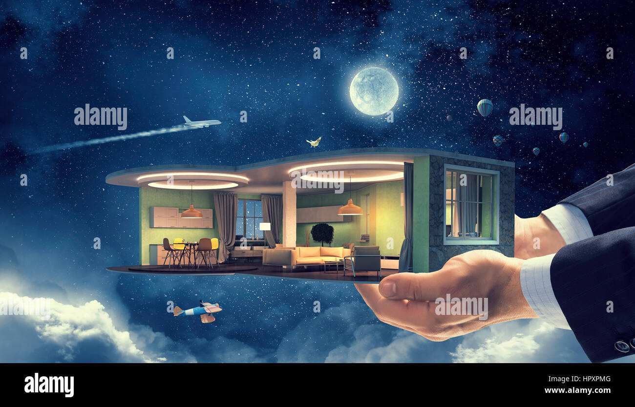 Hand holding in palm room interior design. Mixed media Stock Photo - Alamy