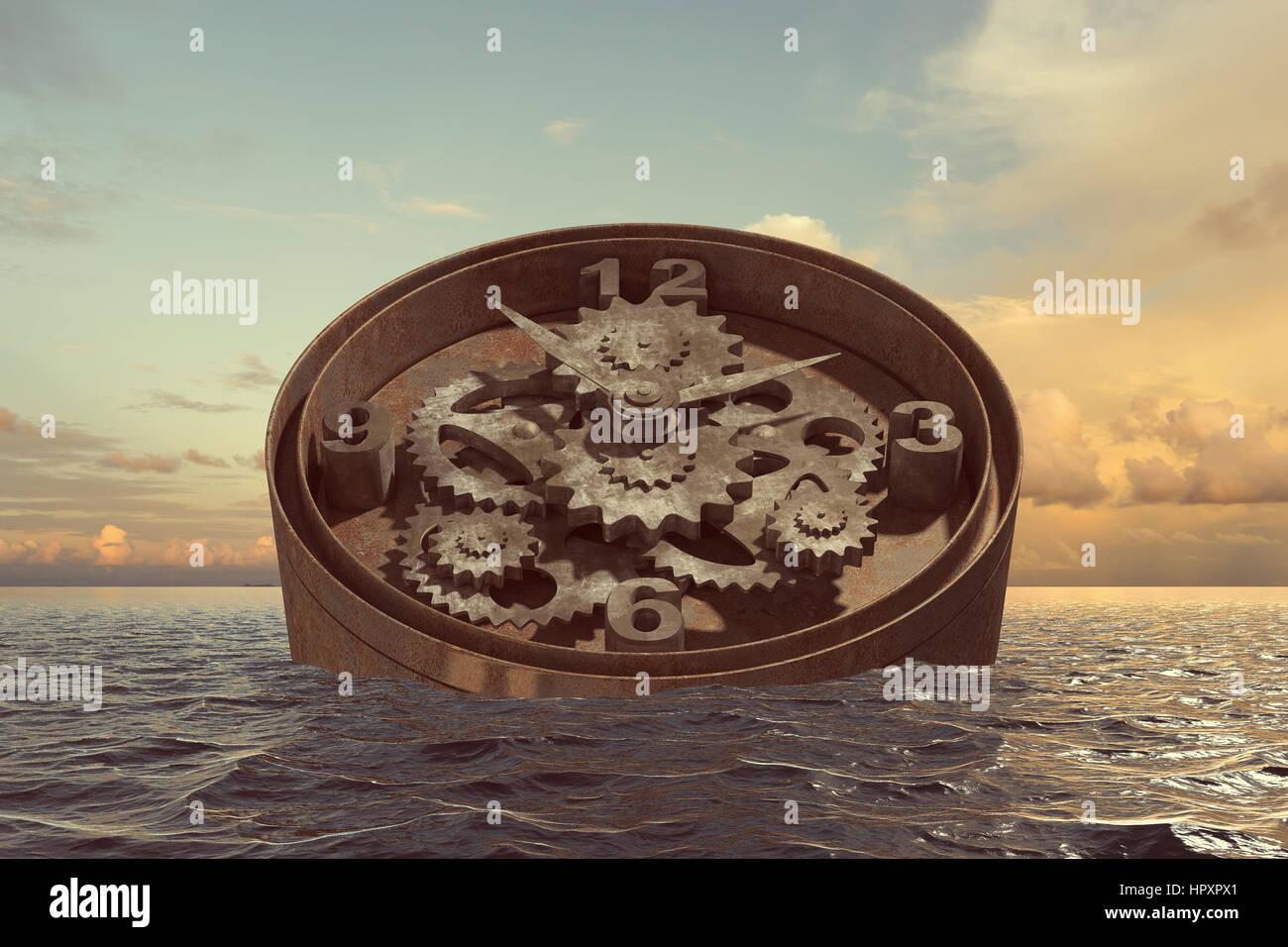 Time concept image with old clock mechanism against nature background ...