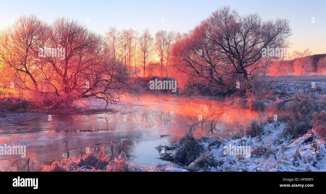 Frosty trees on the frozen riverside with fire red colours Stock Photo ...
