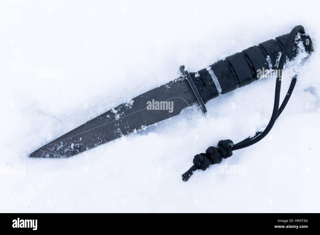 Tactical knife in snow. Military knife with lanyard Stock Photo - Alamy