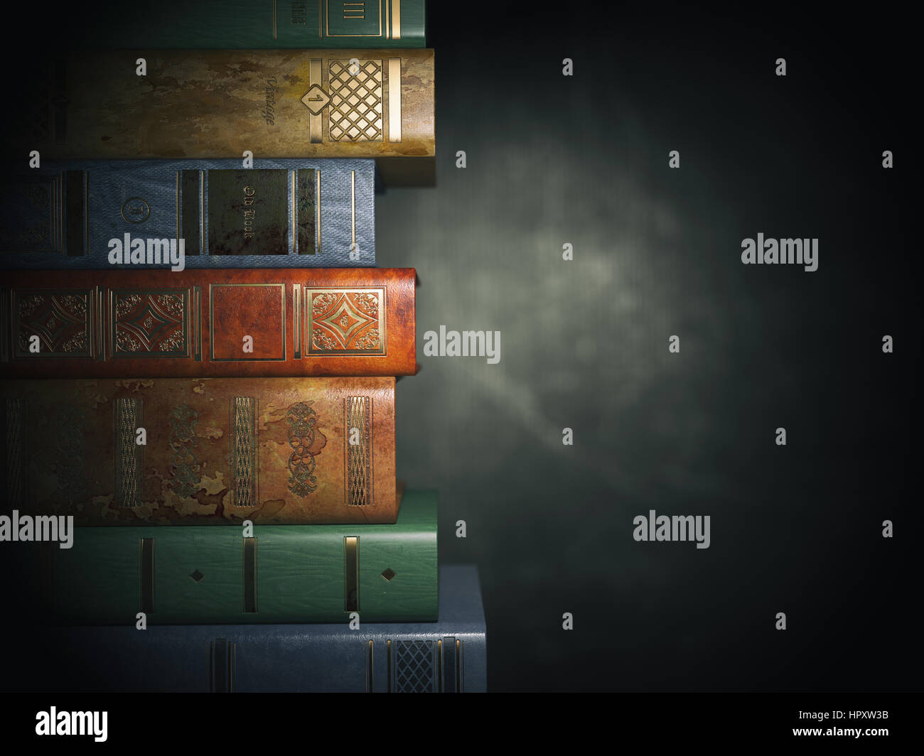 Vintage books on old black dirty background. 3d illustration Stock ...