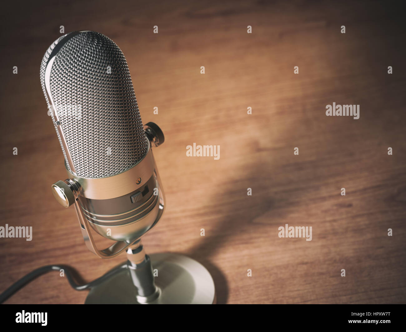 Retro microphone on the table with space for text. Vintage style ...