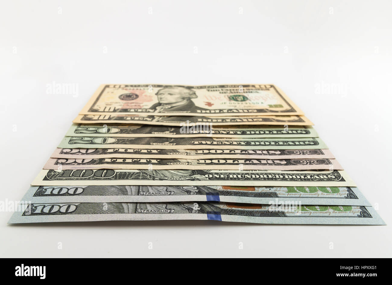 US american dollar money bills spread on white background Stock Photo ...