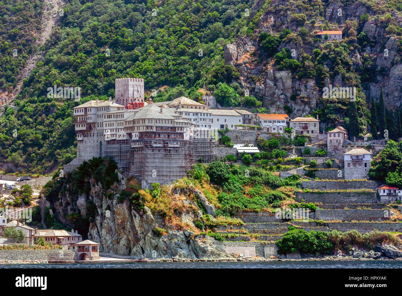 Scenic view of Dionysiou monastery on Mount Athos, Greece Stock Photo ...