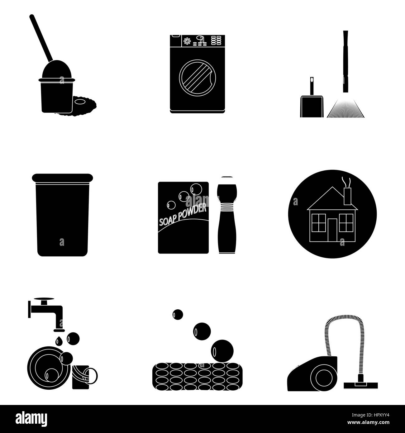 Clean up black set icons. Vacuuming and housework, washing and cleaner ...