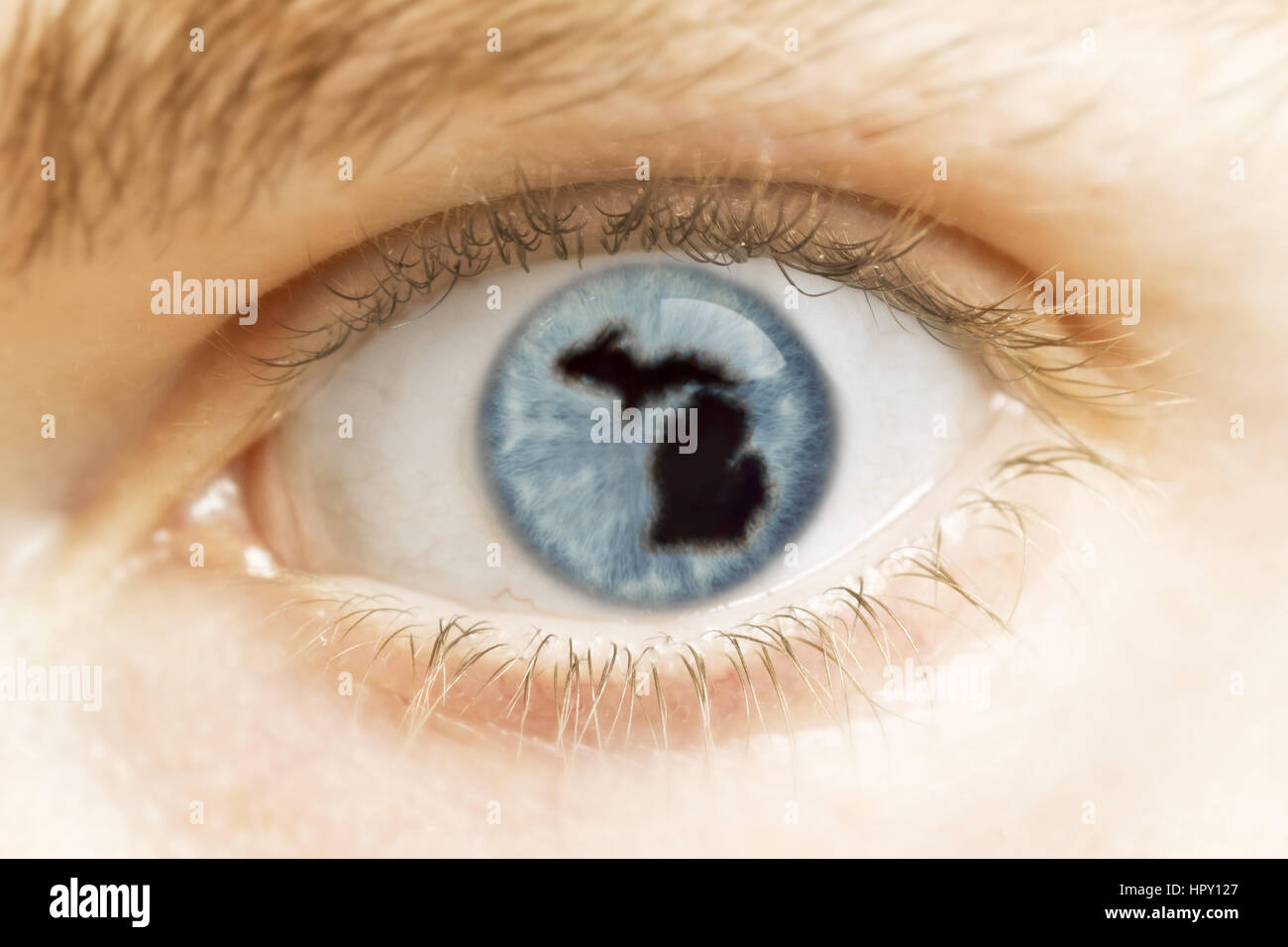 A close-up of an eye with the pupil in the shape of Michigan.(series ...