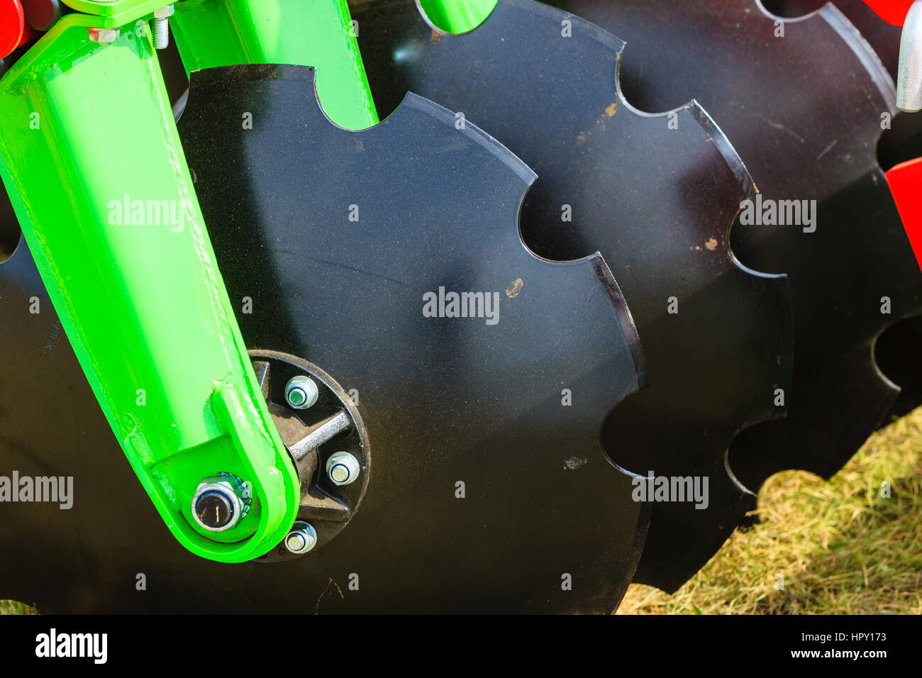Agriculture equipment concept. Detailed closeup of disc harrow ...