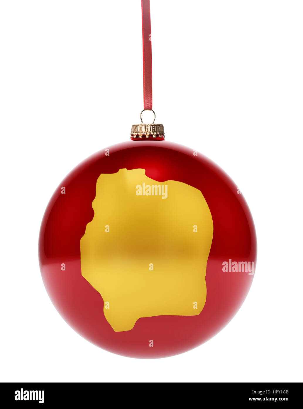 A hanging glossy red bauble with the golden shape of Ivory Coast ...